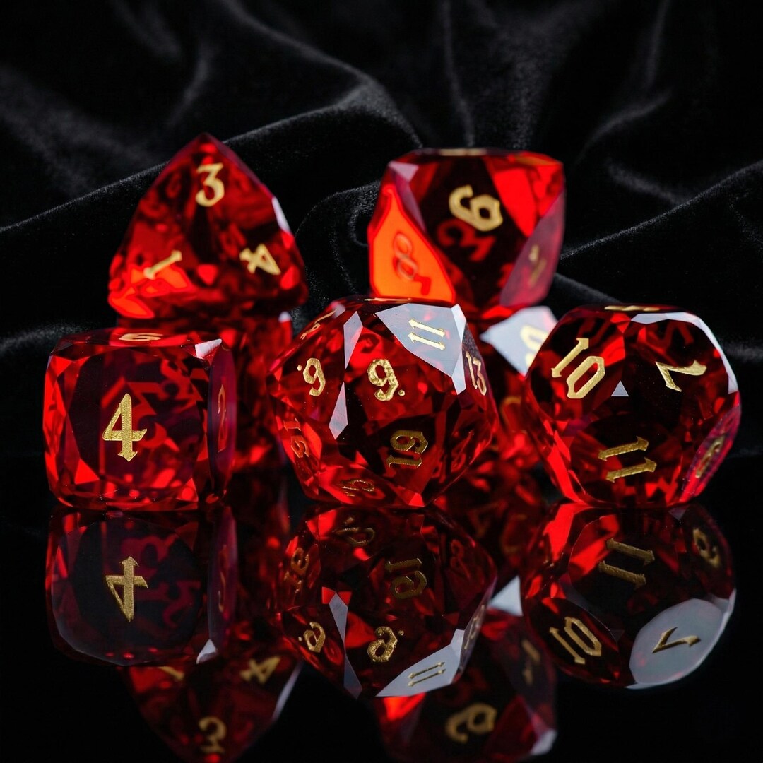 Crimson Sovereign, Handmade 7-piece Glass Dice Set, Sharp Edge Rubis ...