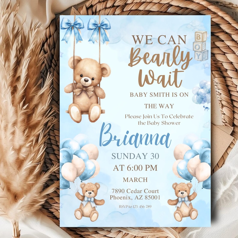 Editable Brown Bear Balloon Baby Shower Invitation, Blue Boy Boho Bear ...