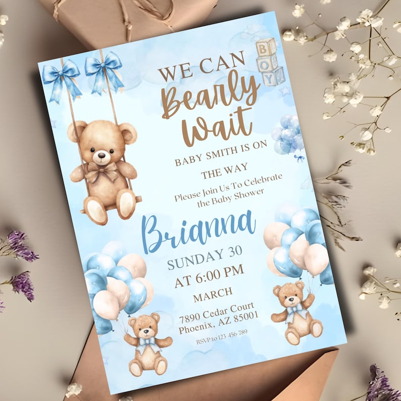 Editable Brown Bear Balloon Baby Shower Invitation, Blue Boy Boho Bear ...