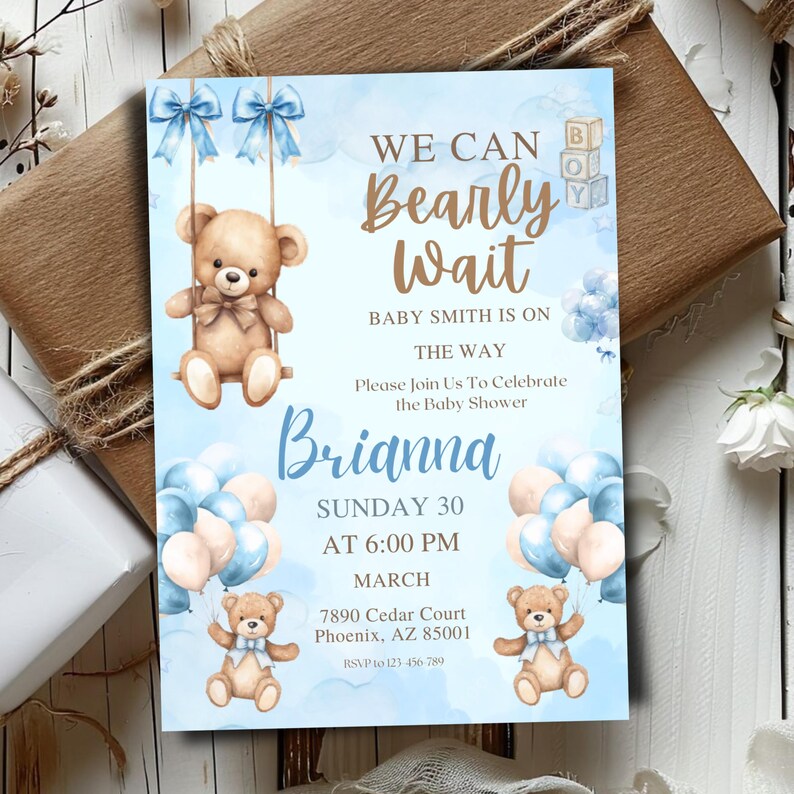 Editable Brown Bear Balloon Baby Shower Invitation, Blue Boy Boho Bear ...
