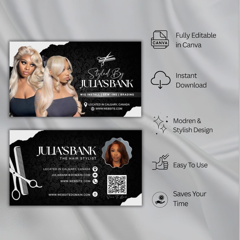 Modern Hair Stylist Business Card Template, Beauty Salon Card for Wig ...