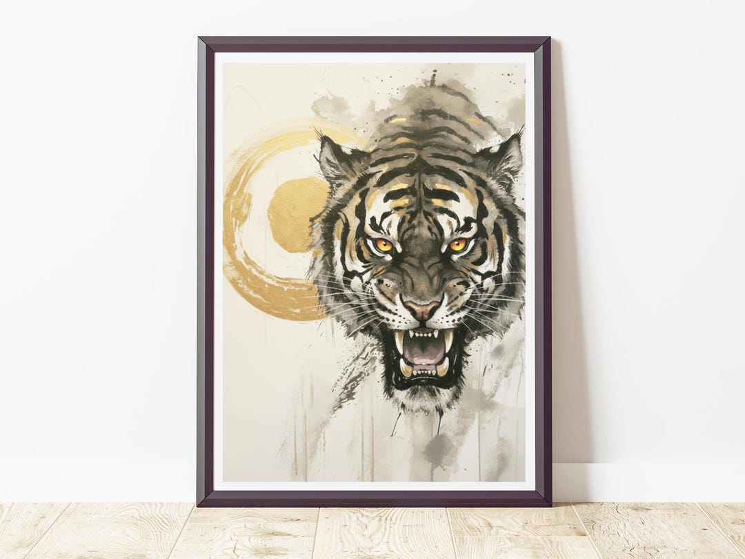 Guardian Tiger Wall Art, Japanese Spiritual Tiger With Golden Enso ...