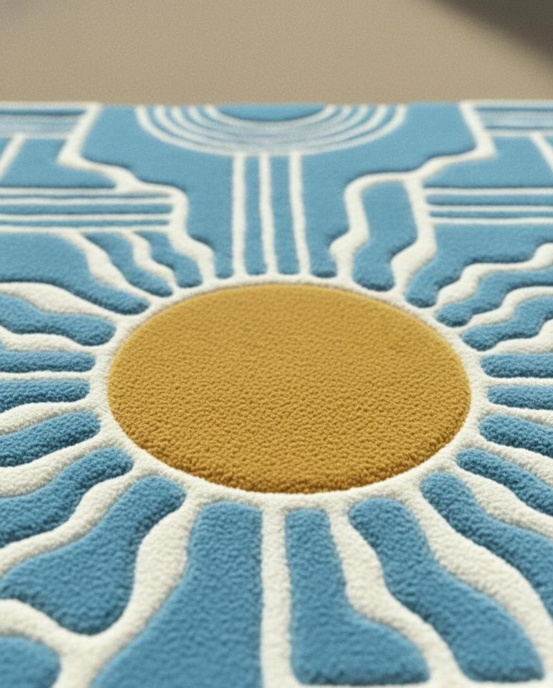 Mid Century Geometric Modern Sunburst Hand Tufted Rug, Blue and Mustard ...
