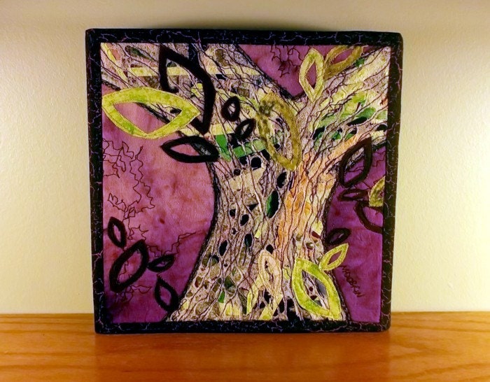 SALE Art quilt, abstract tree design of appliqued fabric scraps, on ...