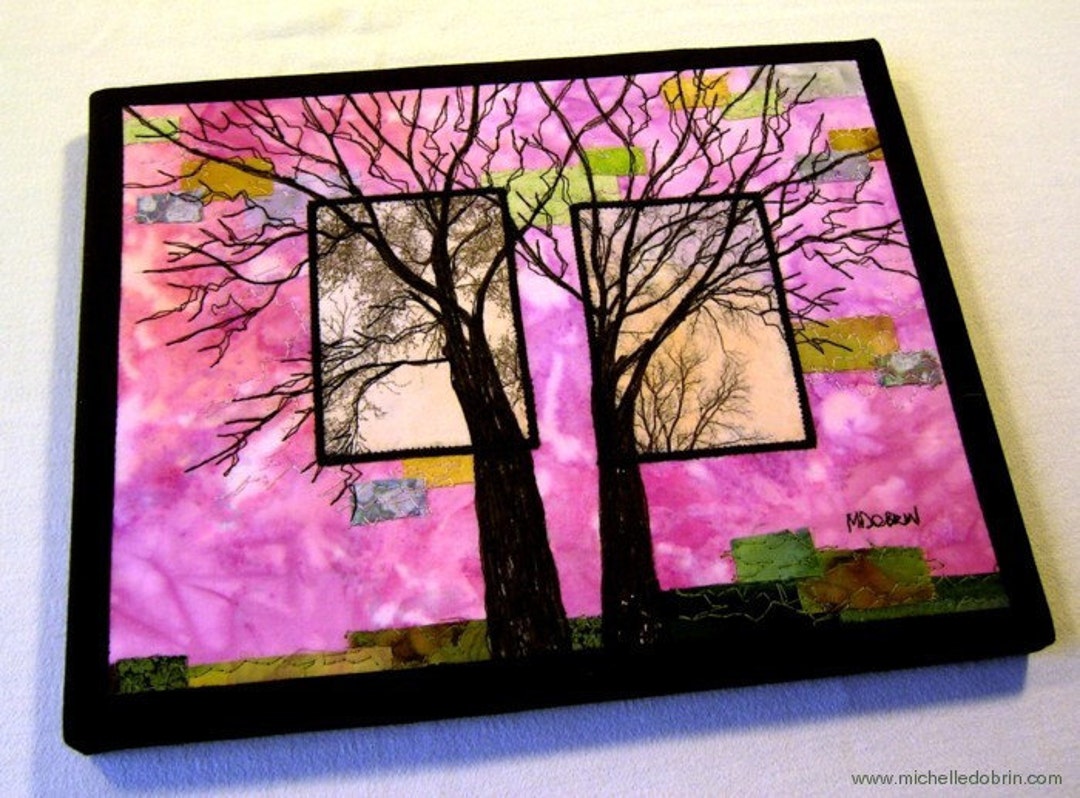Quilted Fiber Art, Tree Photos Printed on Fabric, Appliqued Fibers and ...