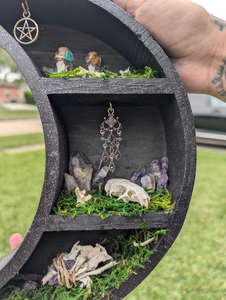 Crescent Moon Shadow Box Shelf • Witchy Gothic Decor With Crystals and ...