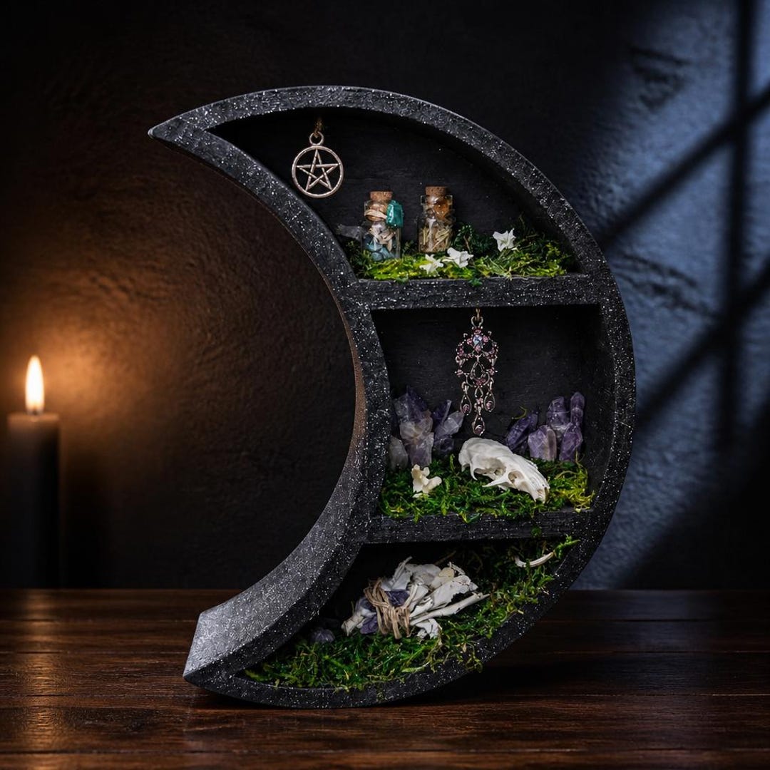 Crescent Moon Shadow Box Shelf • Witchy Gothic Decor With Crystals and ...