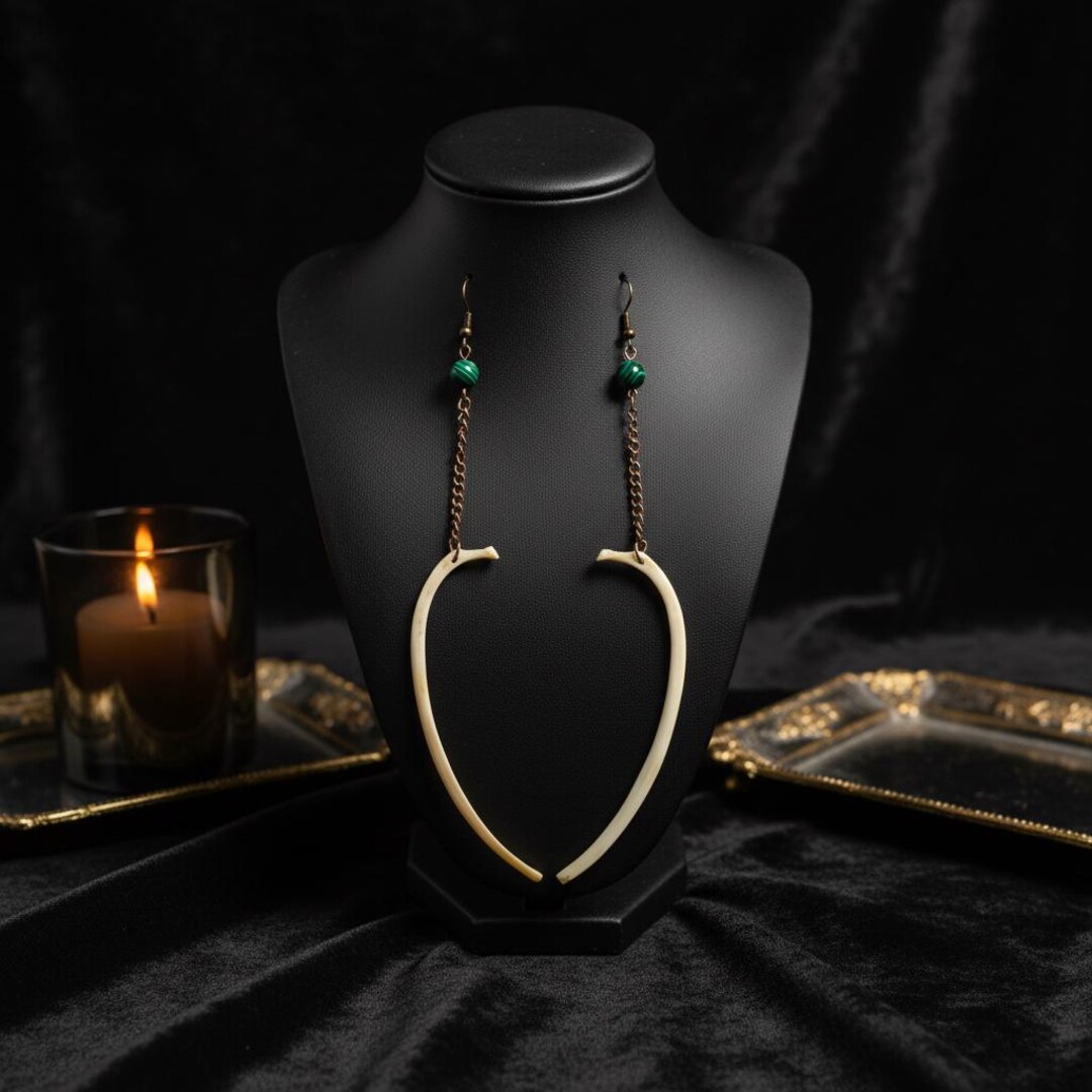 Fox Rib Bone Earrings With Malachite – Copper Fishhook, Nature-inspired ...