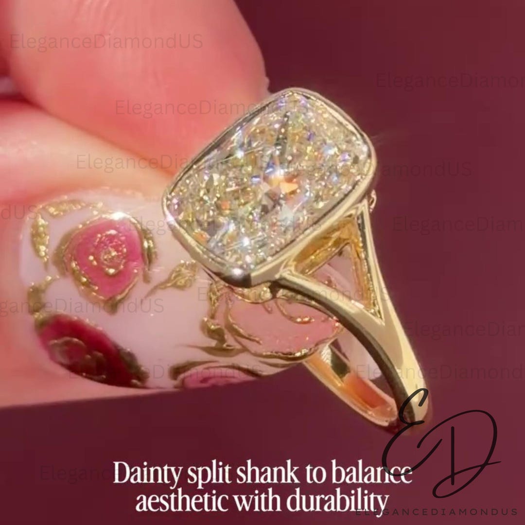 4 Ct Elongated Cushion Cut Ring, Bezel Set Engagement Ring, Split Shank ...