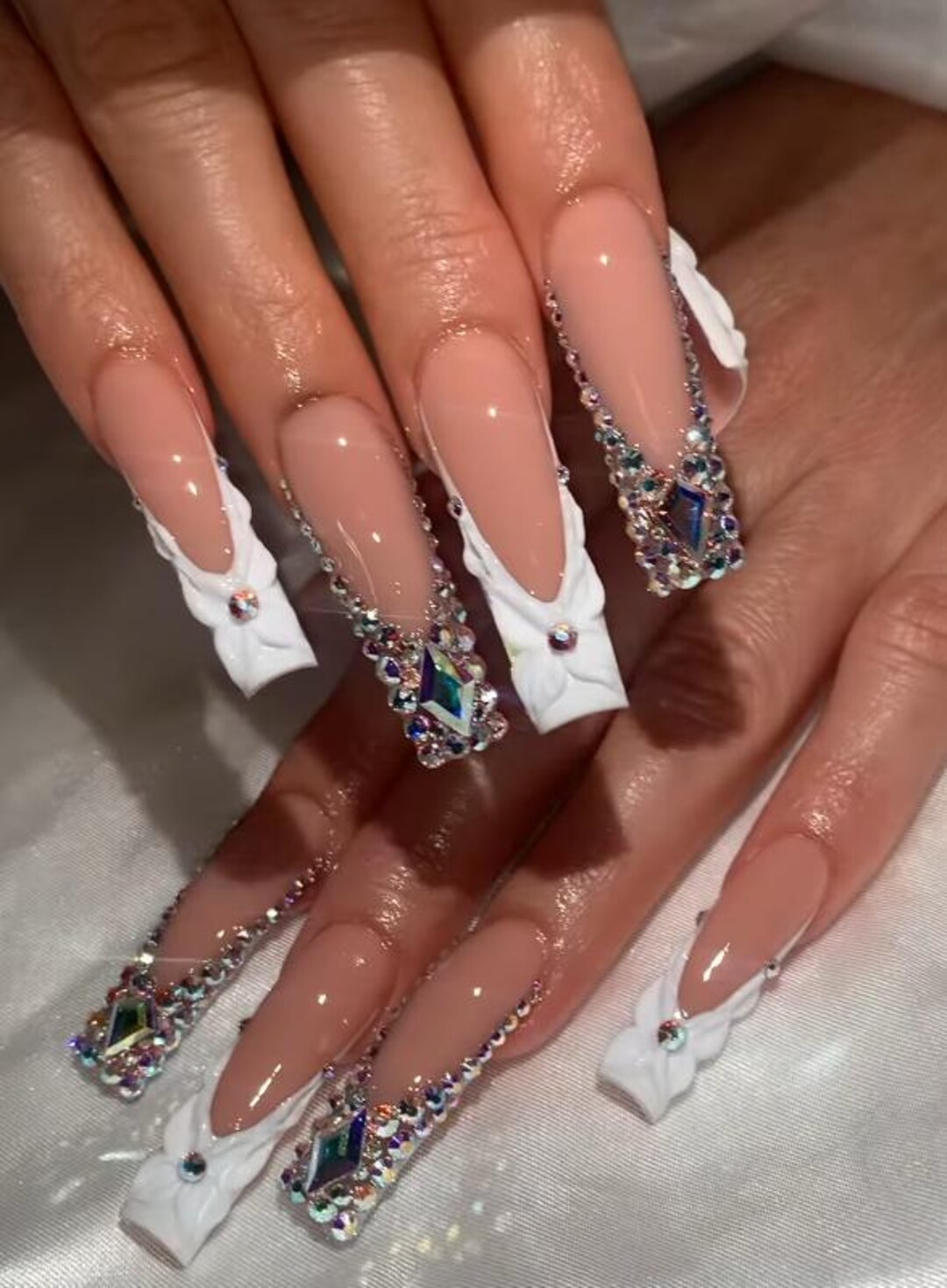 Hand-painted 3D Bow Rhinestone Press on Nails - XL Square French Tip - Etsy