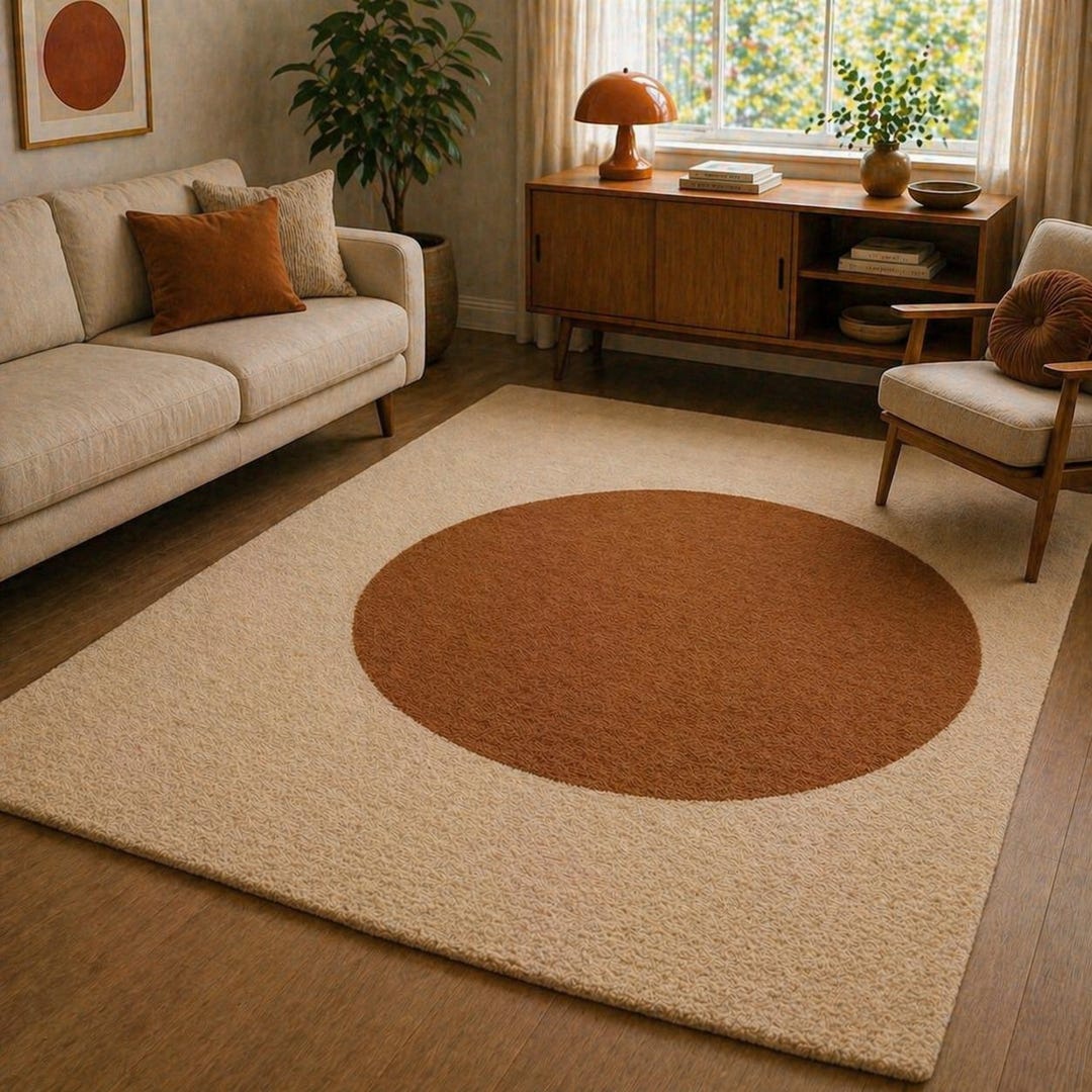 Hand Tufted Wool Circle Rug, Cream Rust Geometric Area Carpet. - Etsy