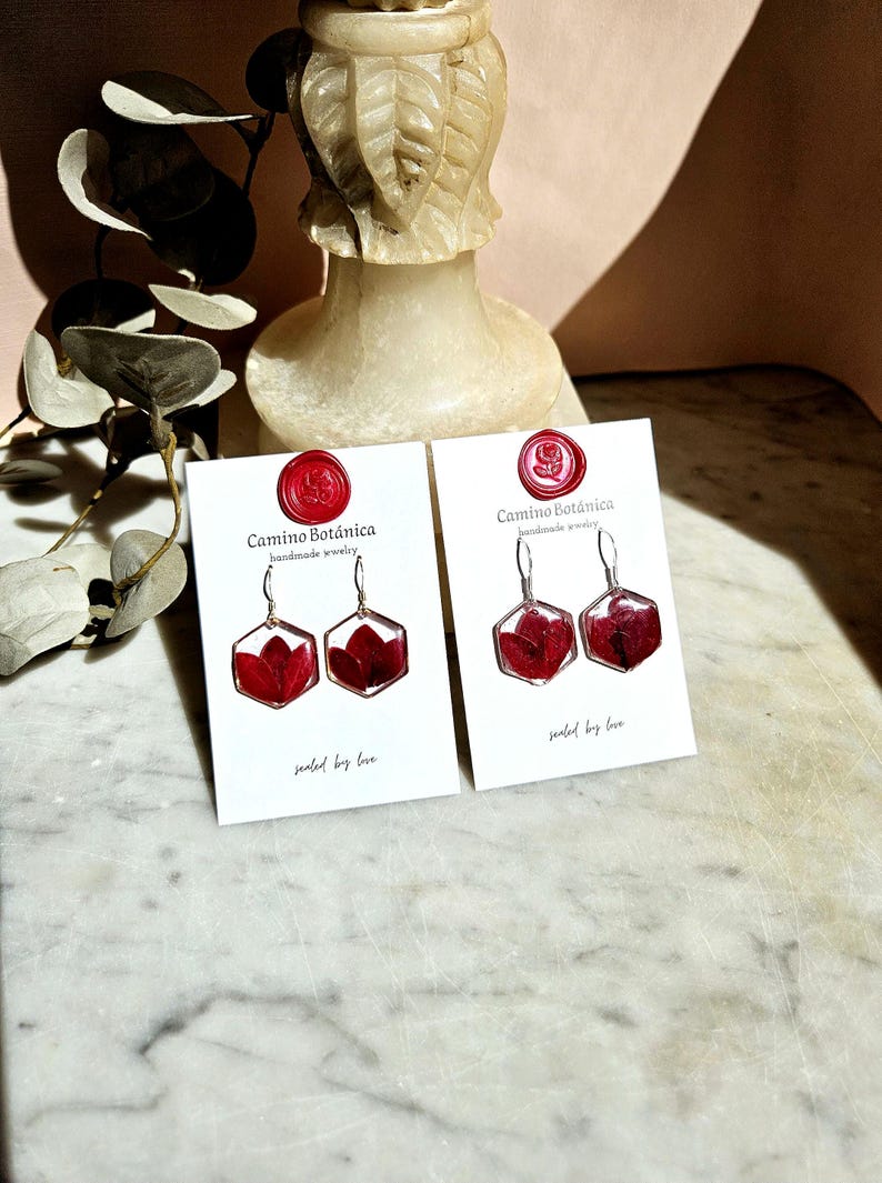 Hexagonal Red Foliage Resin Earrings, Camino De Santiago Flower Jewelry ...