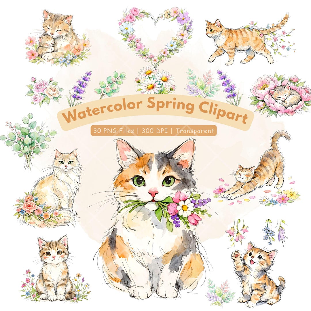 Watercolor Floral Cat Clipart Bundle, Cute Kitty PNG Graphics, Spring ...