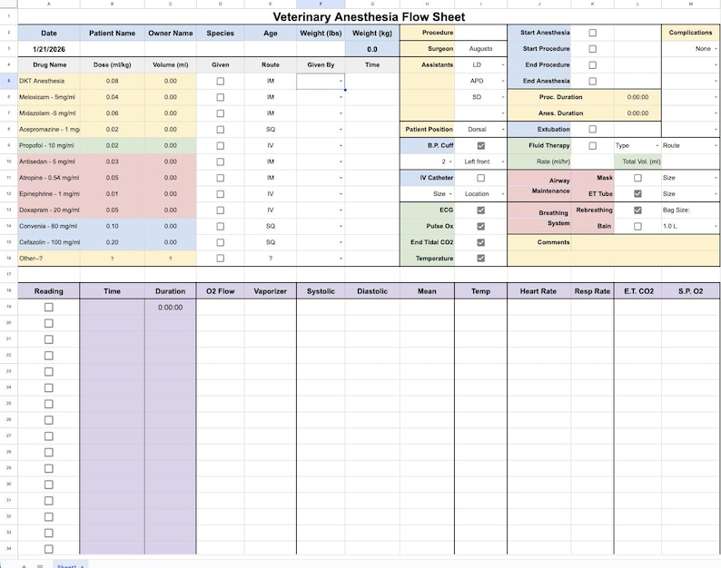 Veterinary Anesthesia Monitoring Chart, Automated Calculations (google ...