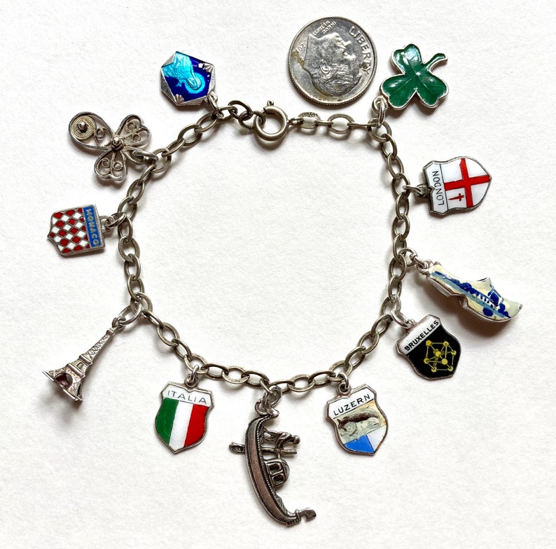 Sweet Vintage European Tour Travel Sterling Siver Enamel Charm Bracelet ...