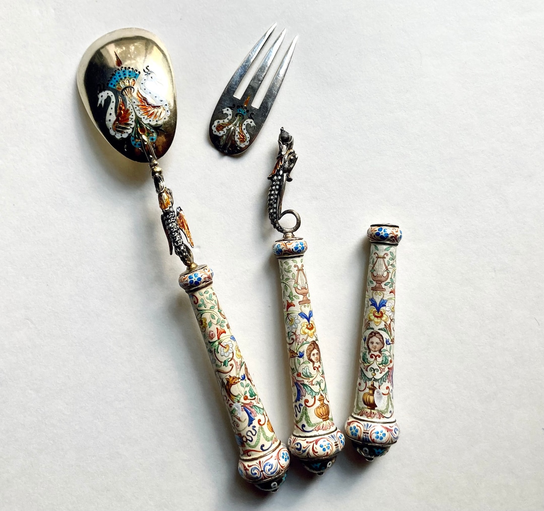 Antique Renaissance Revival Silver Gilt Enamel Cutlery Set as is ...