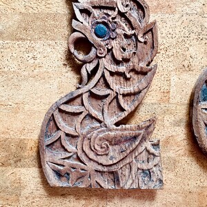 Pair Antique Carved Wood Thai Naga Head Salvaged Temple Roof Finials ...