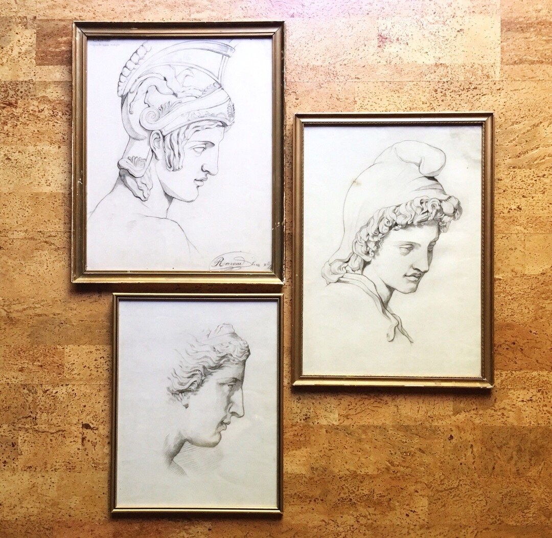 Set of 3 Antique Drawings Hellenistic Greek Sculptures, Signed 19th C ...