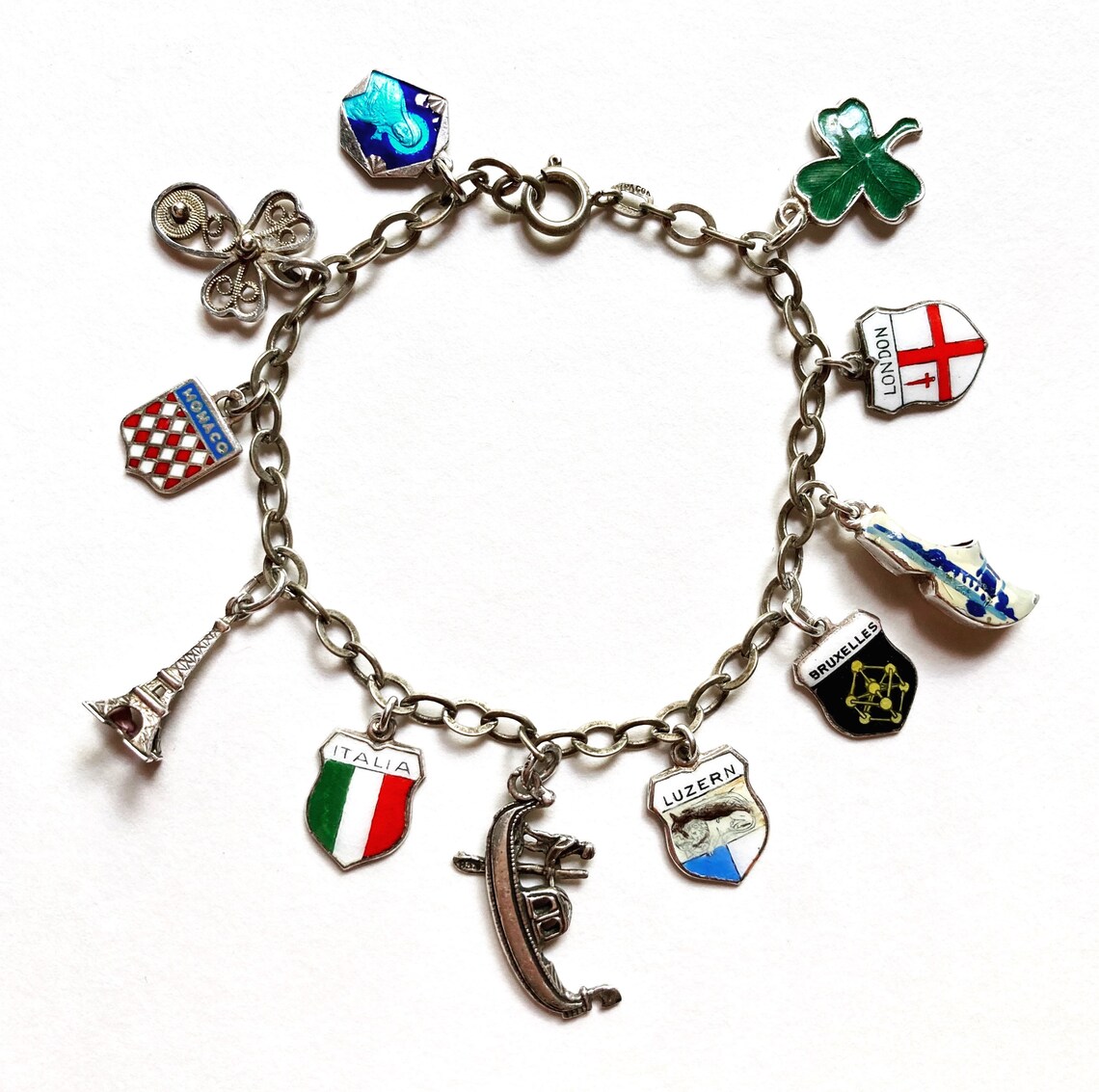 Sweet Vintage European Tour Travel Sterling Siver Enamel Charm Bracelet ...