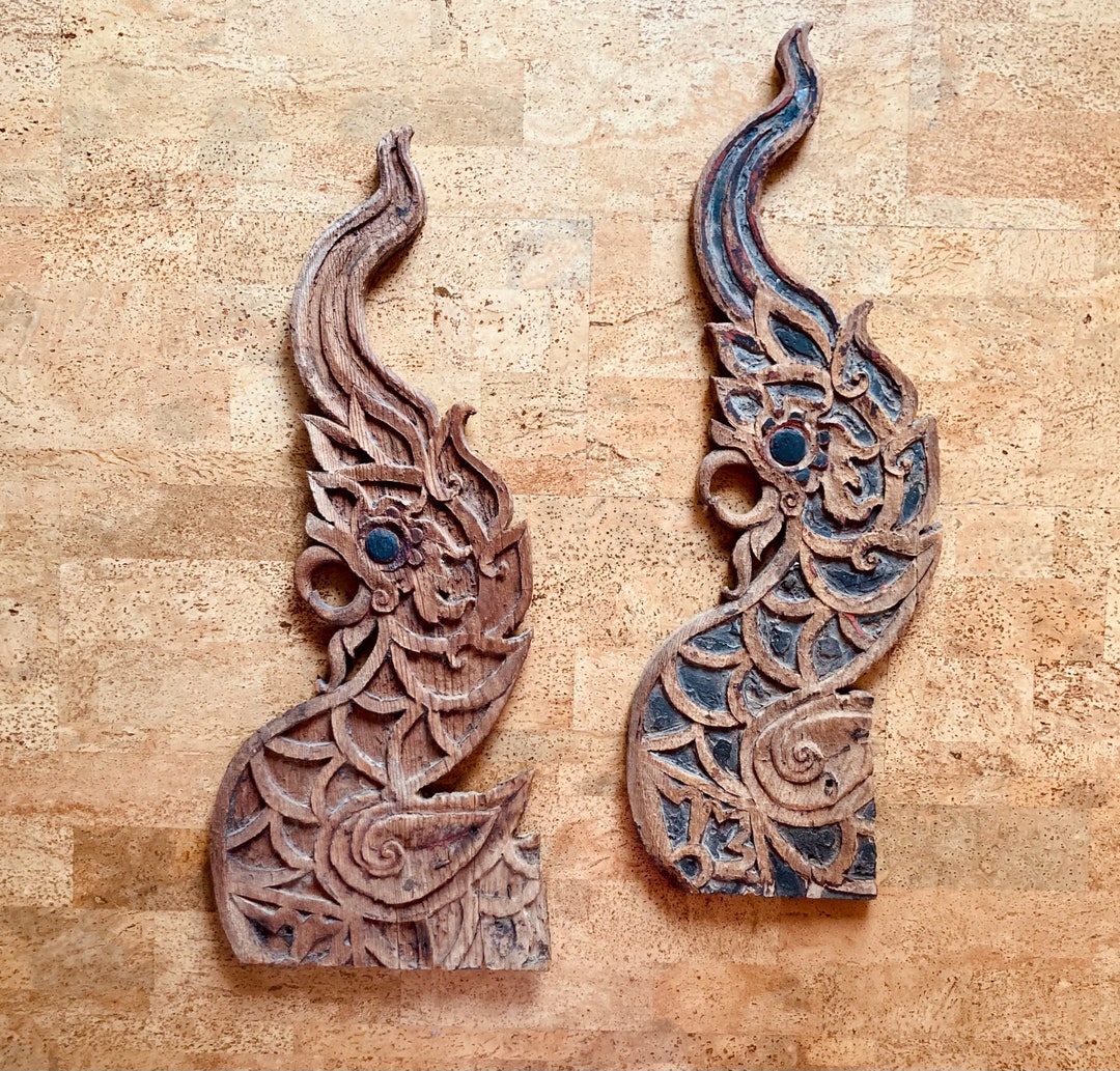 Pair Antique Carved Wood Thai Naga Head Salvaged Temple Roof Finials ...