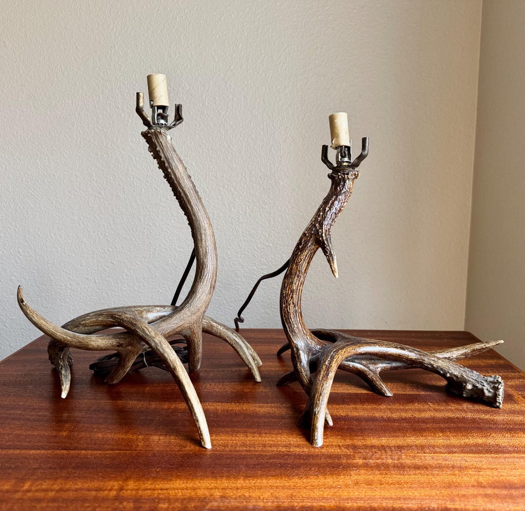 Pair Deer Antler Accent Table Lamps, AS FOUND Antique Vintage Rustic ...
