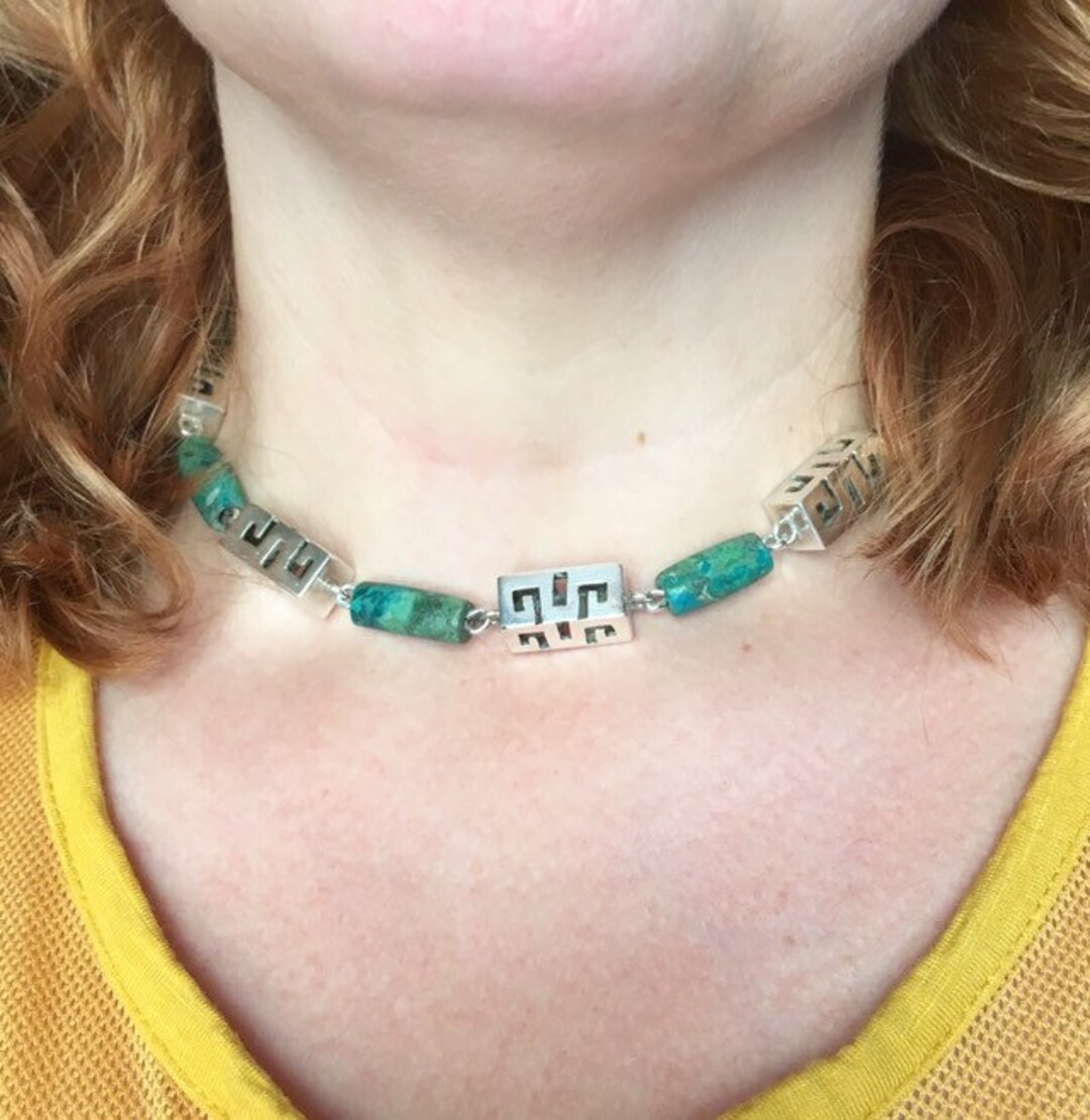 Modernist Sterling Silver Greek Key Turquoise Necklace 1950 Taxco ...