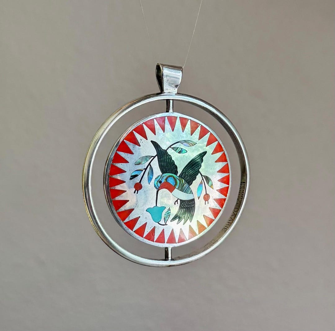 Vintage Dennis & Nancy Edaakie Zuni Sterling Silver Inlay Spinner Bird ...