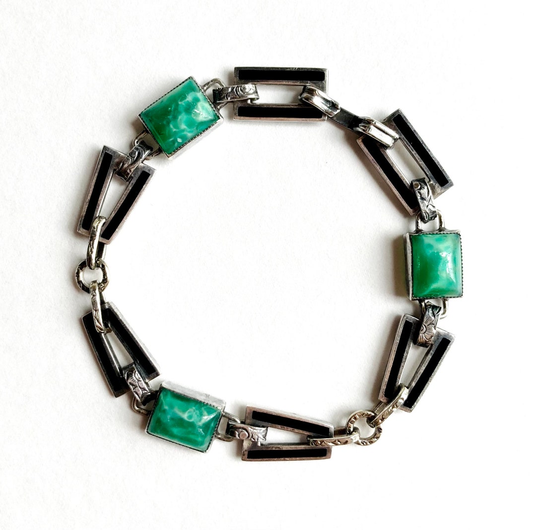 Antique Foster & Bailey Sterling Silver Enamel Glass Faux Jade Art Deco ...