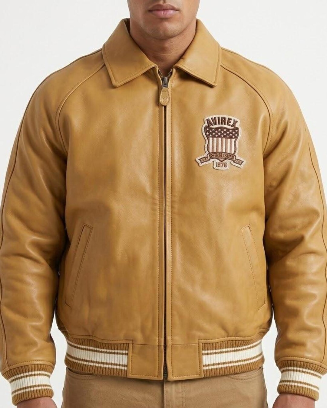 Tan Avirex USA Leather Bomber Jacket: Vintage Aviator Flight Streetwear ...