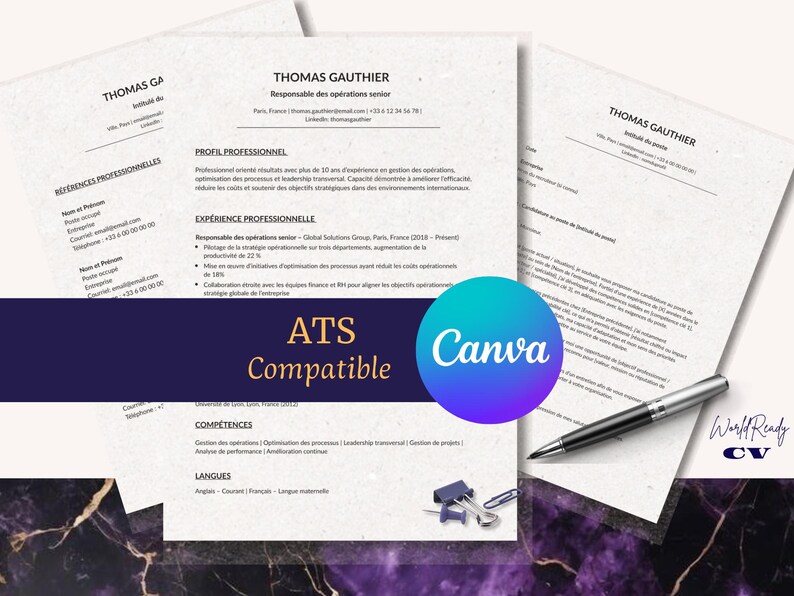 CV ATS Compatible Canva – Modèle De Cv Professionnel En Français, Kit ...