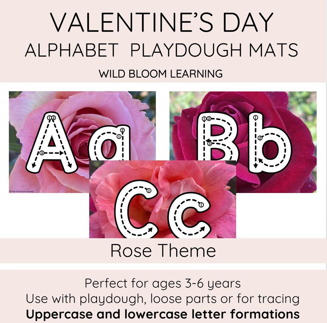 Valentines Day Alphabet Playdough Mats Rose Theme ABC Letter Tracing ...