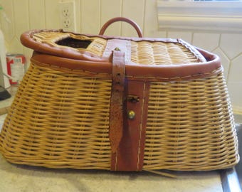Vintage Fishing Basket | Wicker Creel Basket With Strap and Leather ...