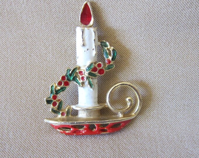 Vintage Enameled Holly & Candle Christmas Pin - Etsy
