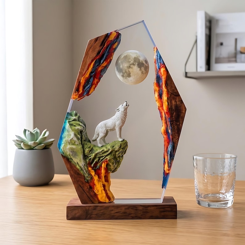 Aurora Wolf Moon Resin Lamp, Handmade Northern Lights Night Light ...