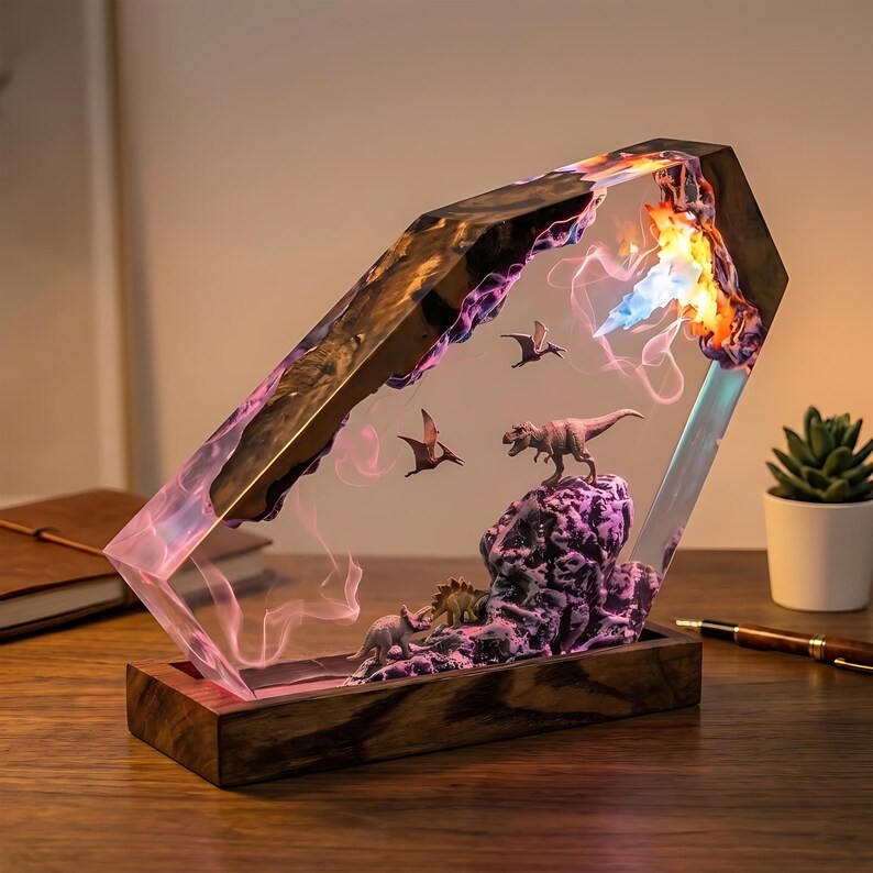 Jurassic Dinosaur Night Light Wood Resin Lamp, Flying Dinosaur Meteor ...