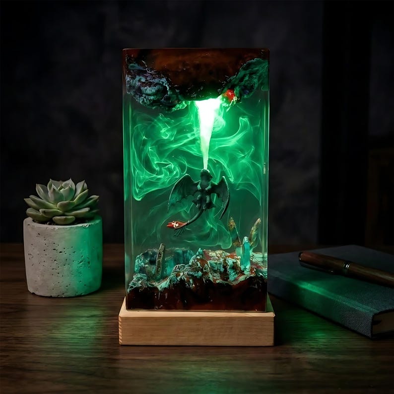 Black Dragon Fantasy Art Light, Fire Dragon Diorama Decor, Magical ...