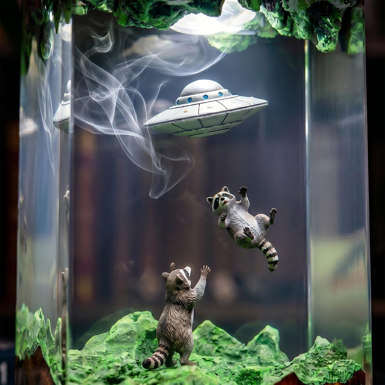 Funny Raccoon UFO Resin Art Lamp, Retro Alien Abduction Night Light ...