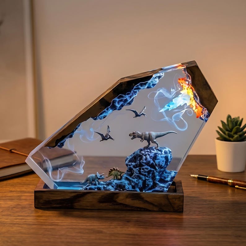 Jurassic Dinosaur Night Light Wood Resin Lamp, Flying Dinosaur Meteor ...