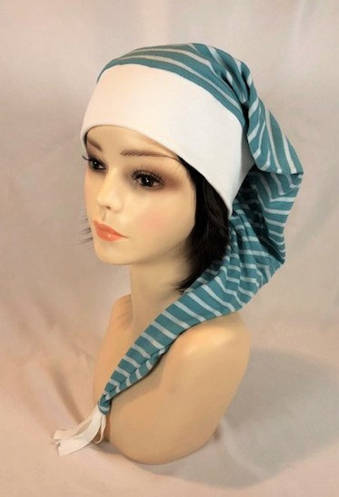 SLEEPING HAT STOCKING Cap Soft Teal Stripes Rayon and Cotton | Etsy