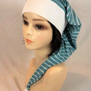 SLEEPING HAT STOCKING Cap Soft Teal Stripes Rayon and Cotton Adult ...