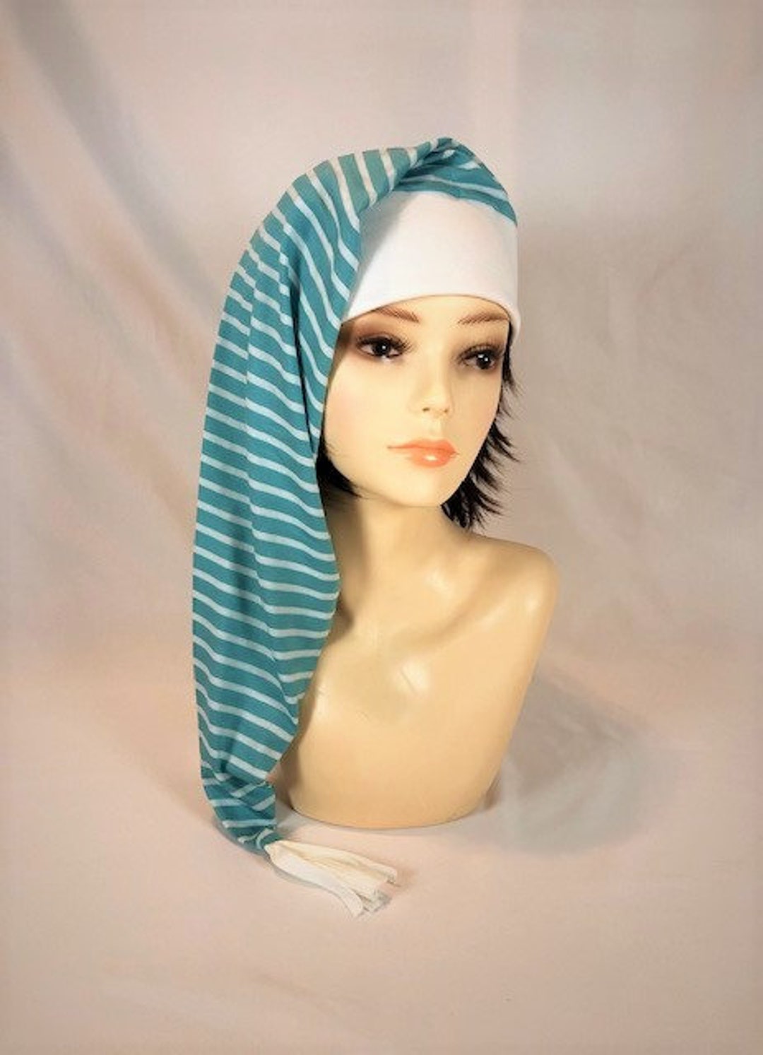 SLEEPING HAT STOCKING Cap Soft Teal Stripes Rayon and Cotton Adult ...