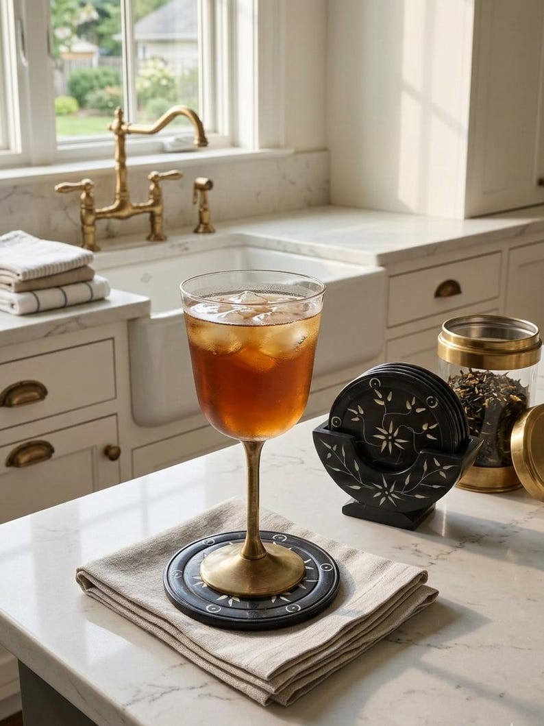 Black Marble Coaster Set With Floral Inlay Holder | Artisan Stone Drink ...