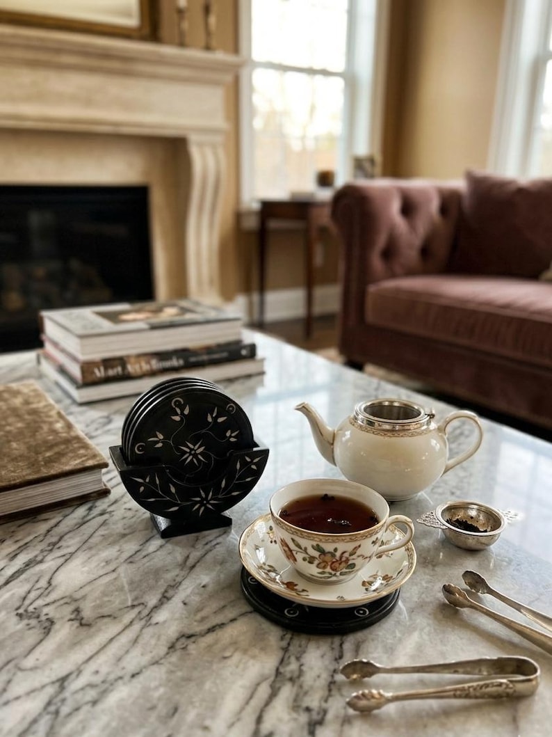 Black Marble Coaster Set With Floral Inlay Holder | Artisan Stone Drink ...