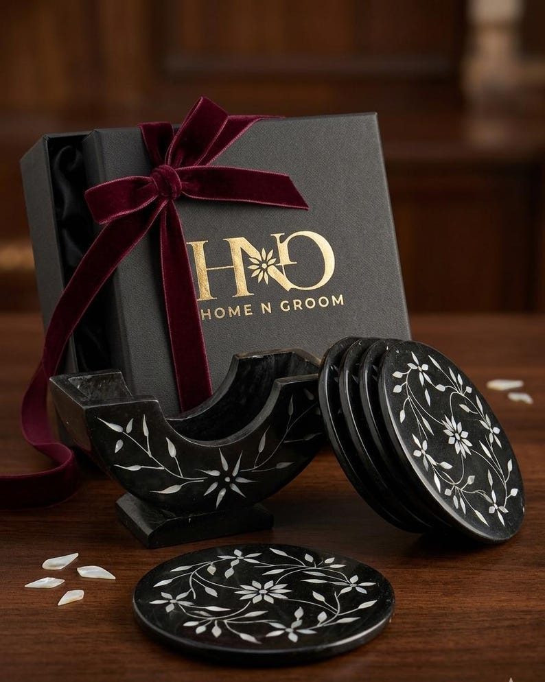 Black Marble Coaster Set With Floral Inlay Holder | Artisan Stone Drink ...