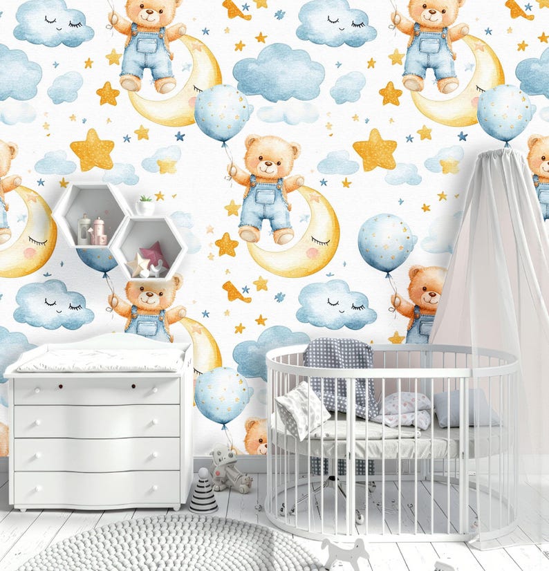 Cute Teddy Bear Nursery Wallpaper, Baby Boy Peel and Stick Wall Paper ...