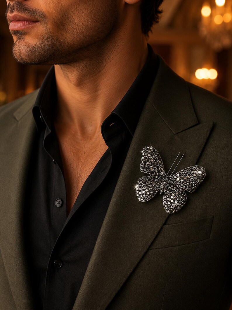 Black Crystal Butterfly Brooch for Men, Groom Boutonniere Alternative ...