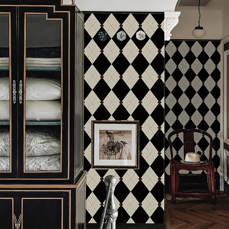 Retro Checkered Plaid Wallpaper, Vintage Geometric Wall Covering ...