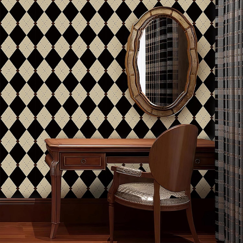 Retro Checkered Plaid Wallpaper, Vintage Geometric Wall Covering ...