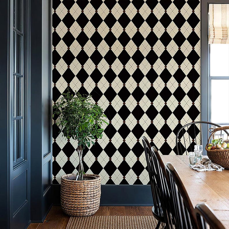 Retro Checkered Plaid Wallpaper, Vintage Geometric Wall Covering ...