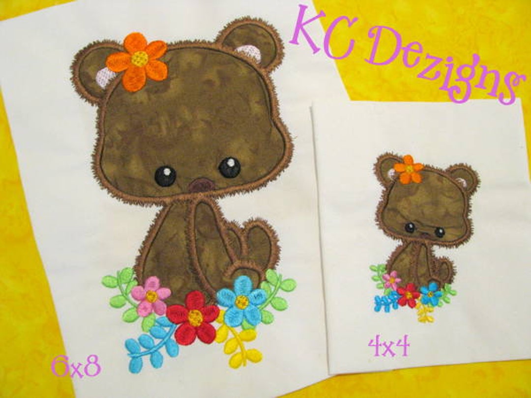 Baby Bear With Flowers Machine Applique Embroidery Design - Baby Bear ...
